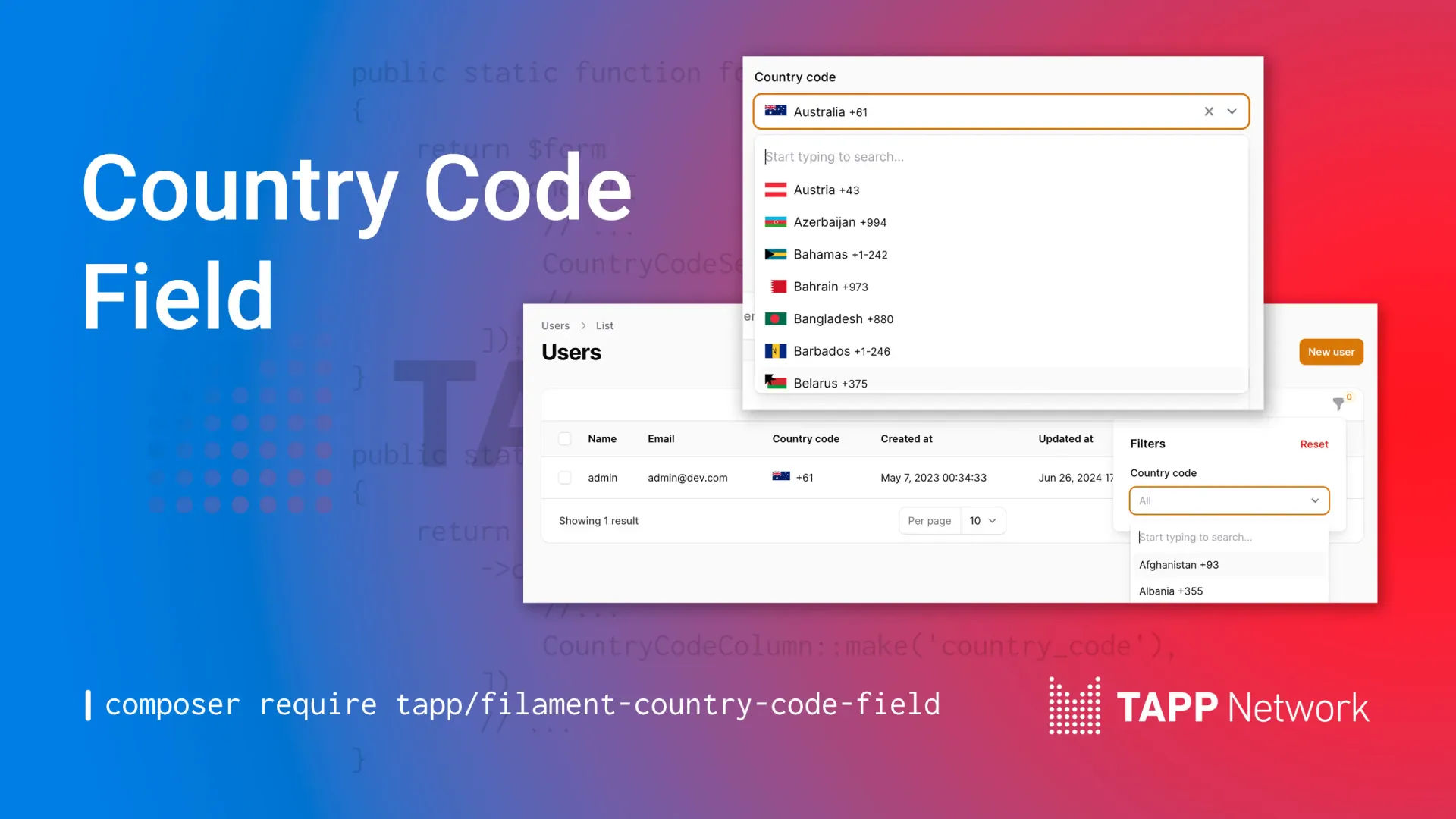 Country Code Field by Tapp Network - Filament