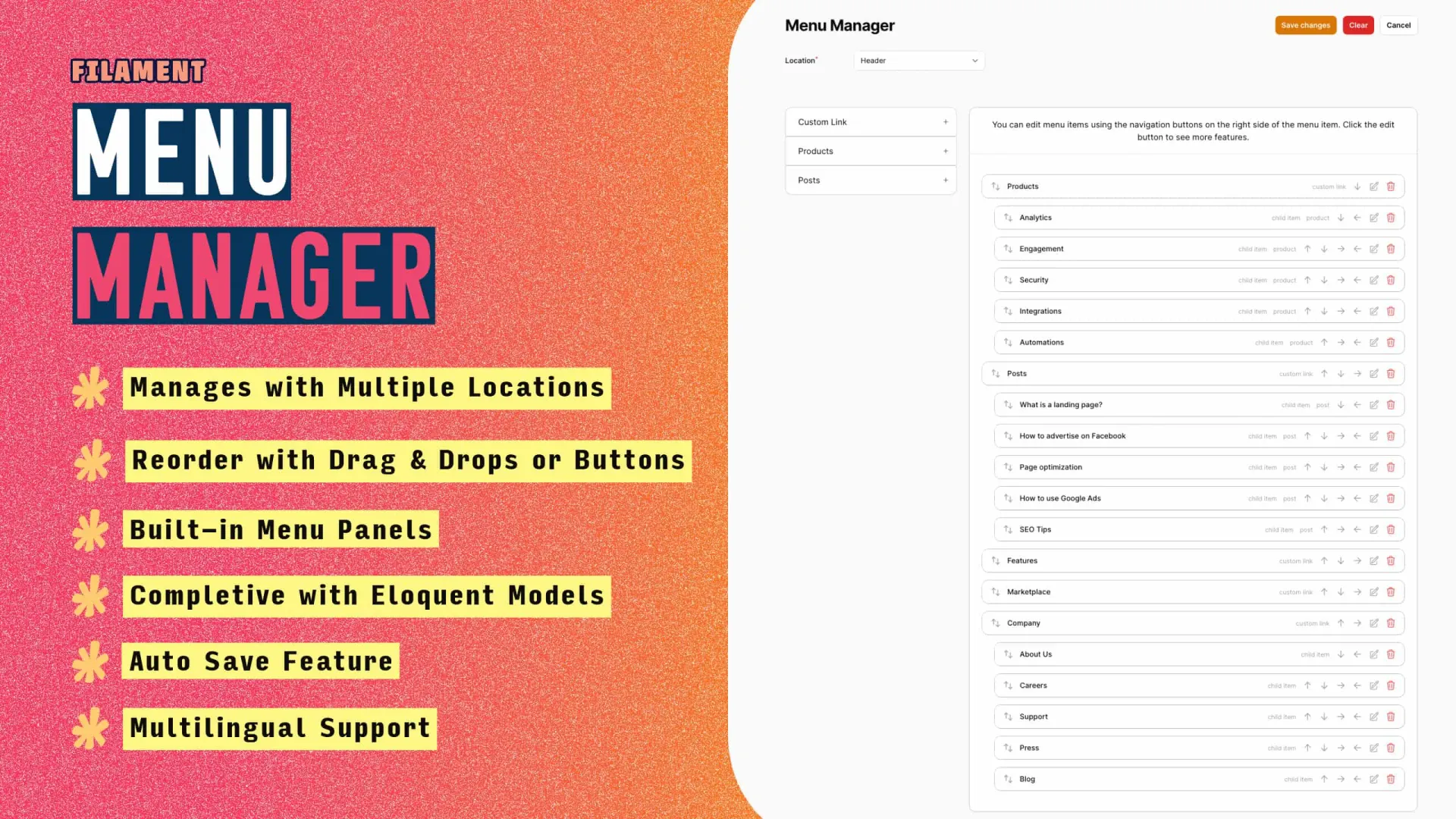Menu Manager by Yusuf Kaya - Filament